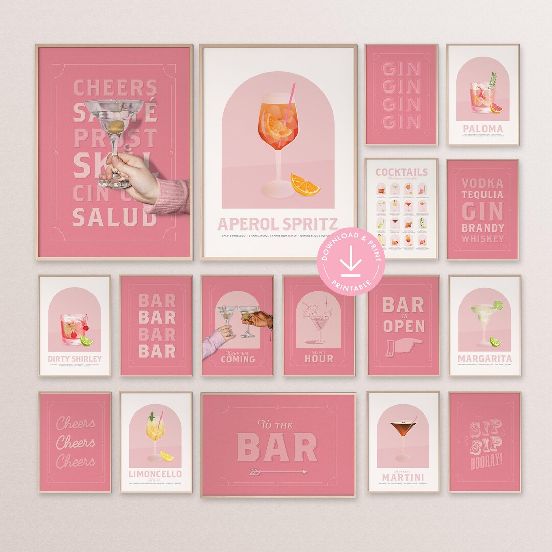 Pink Cocktail Art Print Set: Retro Bar Cart Decor (digital Download) - Etsy