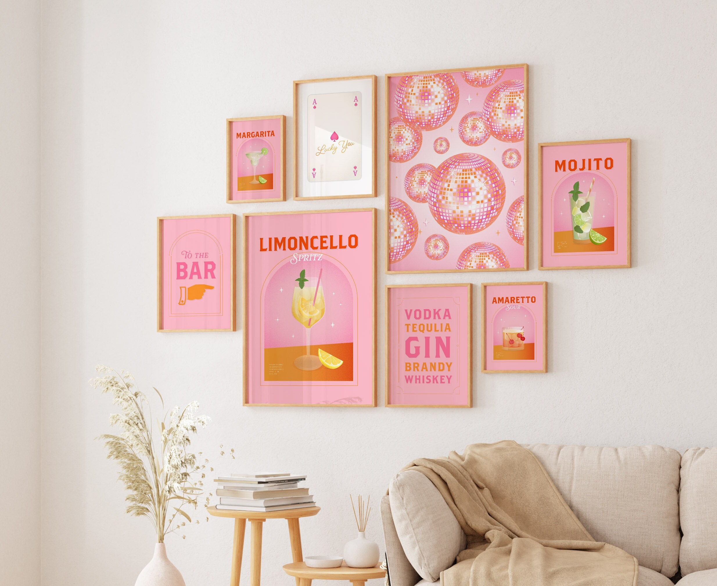 Pink Cocktail Print Set: Preppy Bar Cart Gallery Wall (digital Download ...