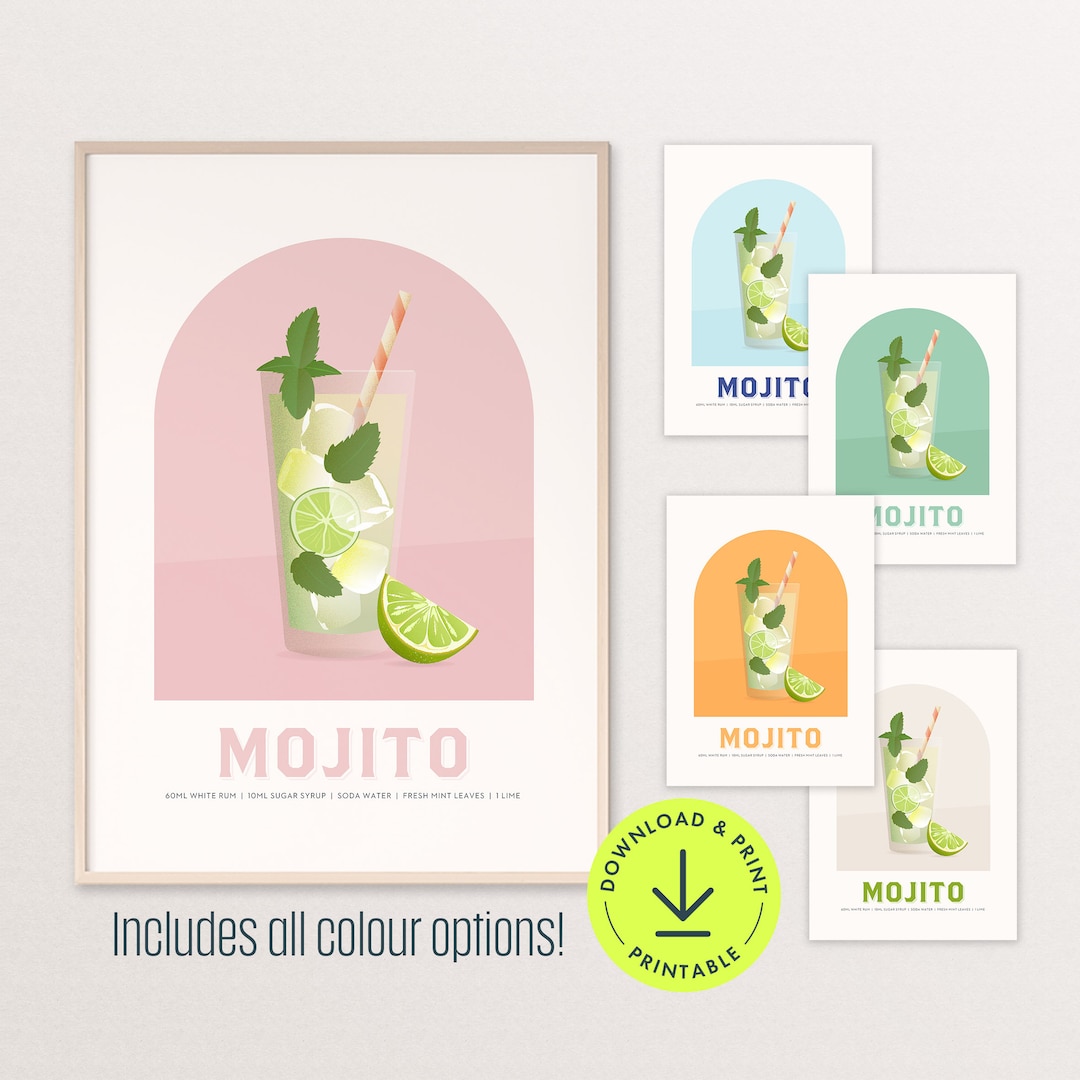 Mojito Cocktail Poster Retro Cocktail Print Bar Printable Art Colourful ...