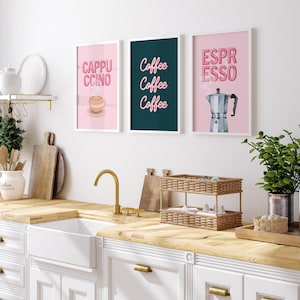 Retro Pink Coffee Print Printable Coffee Bar Gallery Set of 3 Vintage ...