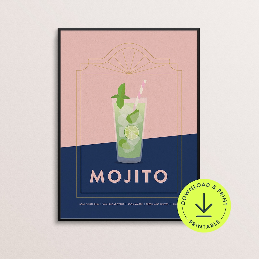Mojito Cocktail Print Poster Pink Cocktail Poster Printable Kitchen ...