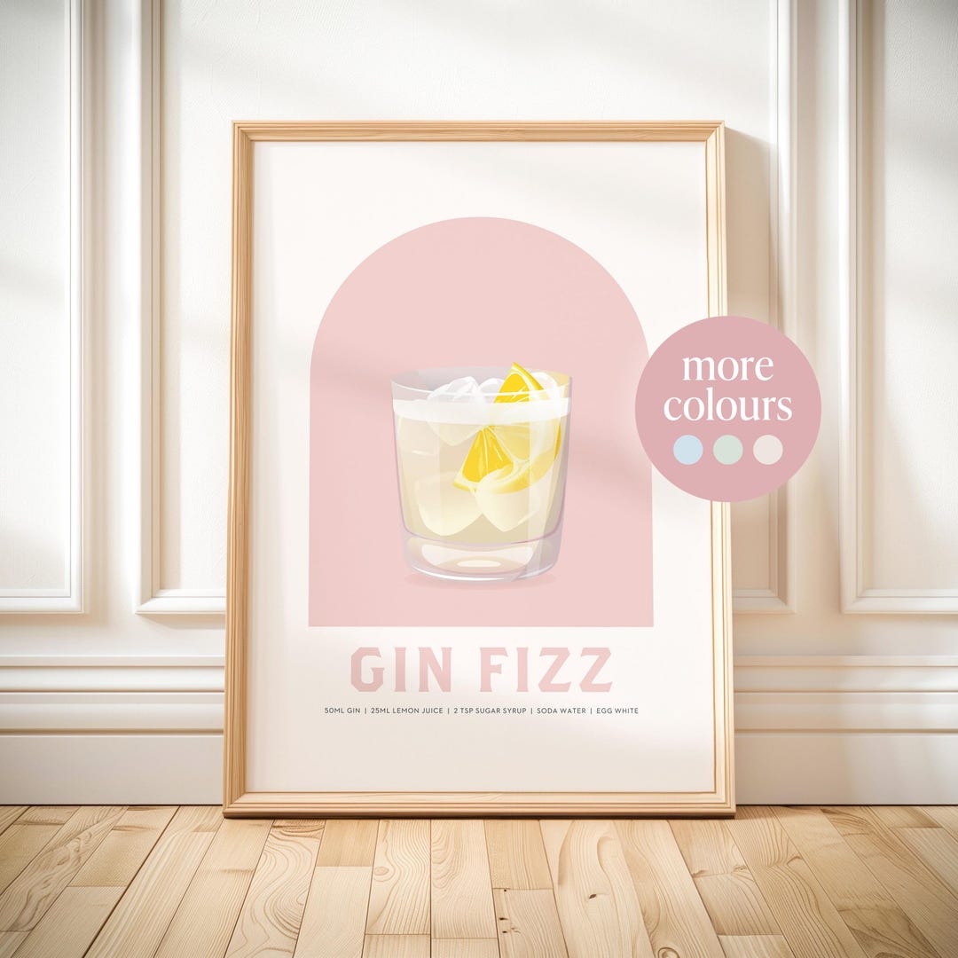 Gin Fizz Cocktail Recipe Print: Retro Bar Cart Art (digital Download ...