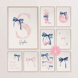 Trendy Navy Blue Pink Bow Custom Name Initial Print Set 9 Printable Bow ...