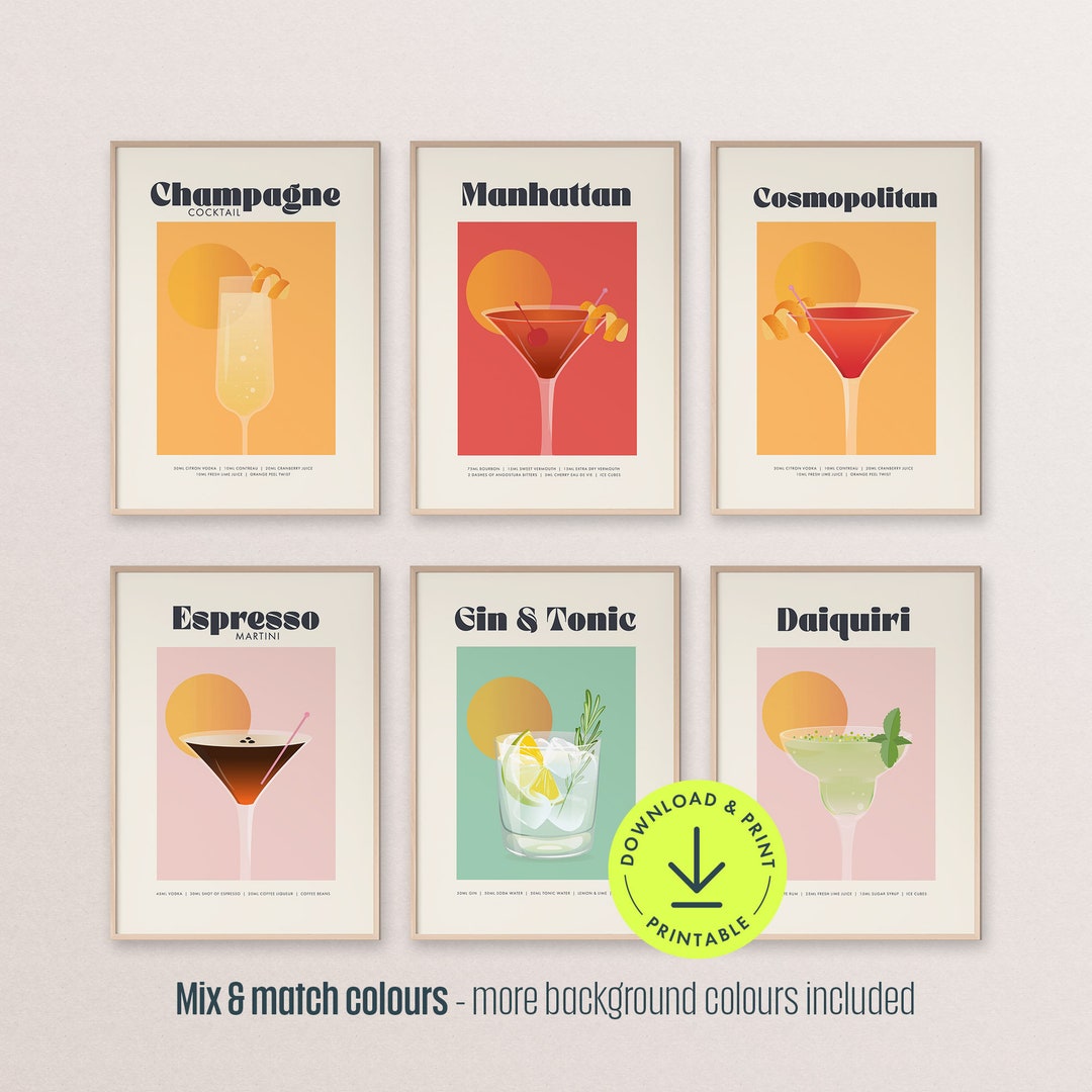 Classic Cocktail Poster Cocktail Printable Bar Cart Decor Cocktail ...
