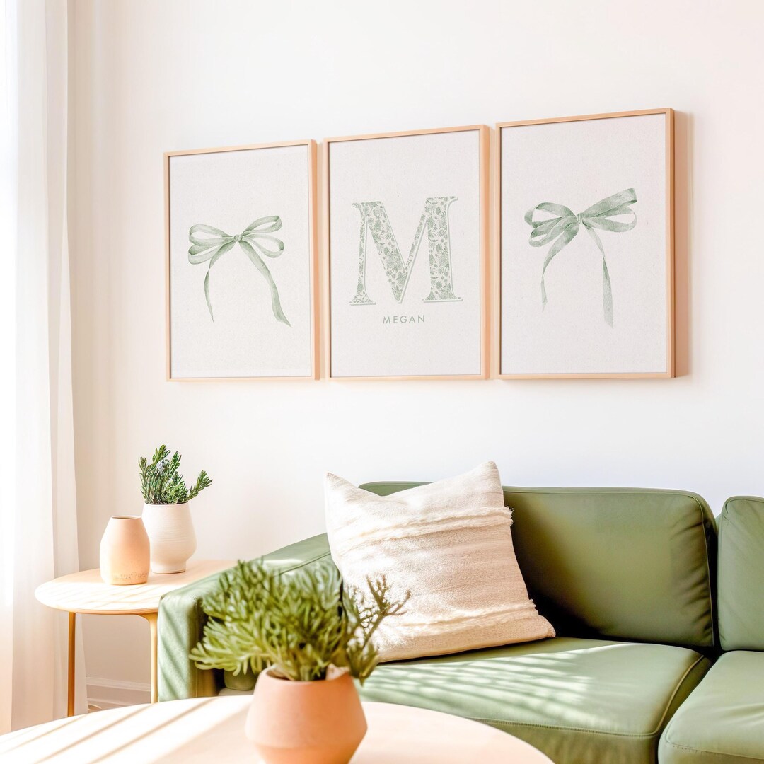 Green Bow Print Custom Name Set of 3 Nursery Wall Art Chinoiserie ...