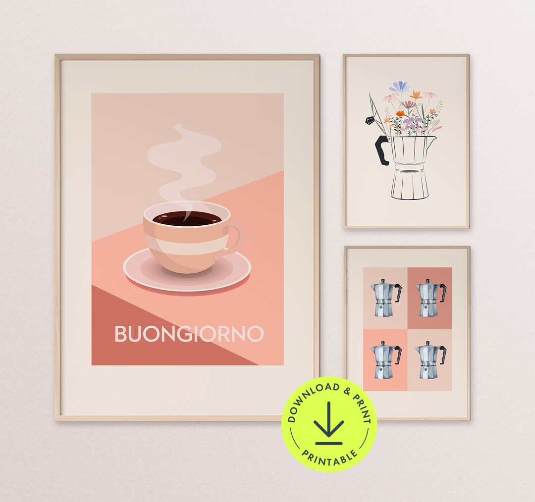 Retro Kaffee Poster pink Kaffee Poster Wand Kunst Kaffee Druckbare Galerie 3er Set Wildblumen ...