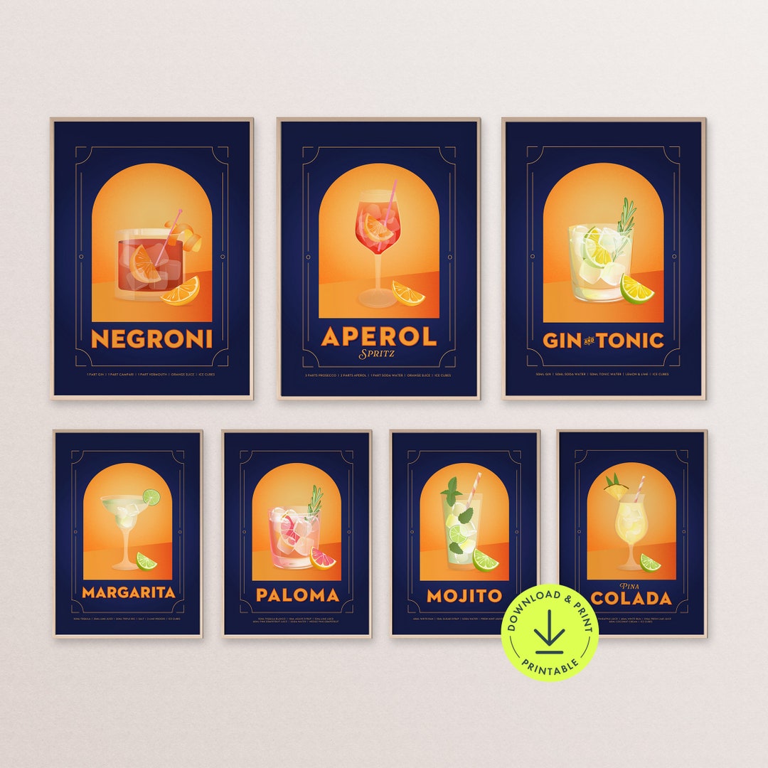 Retro Cocktail Print Set of 8 Classic Cocktail Posters Kitchen Galley ...