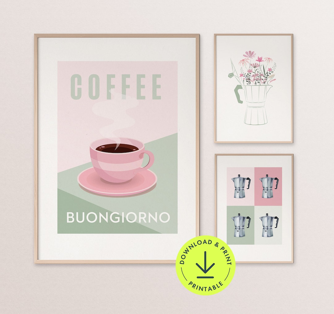 Kaffee Bilder Pink Salbei Grün Wand Kunst Kaffee Galerie 3er Set Moka Kanne mit Blumen ...