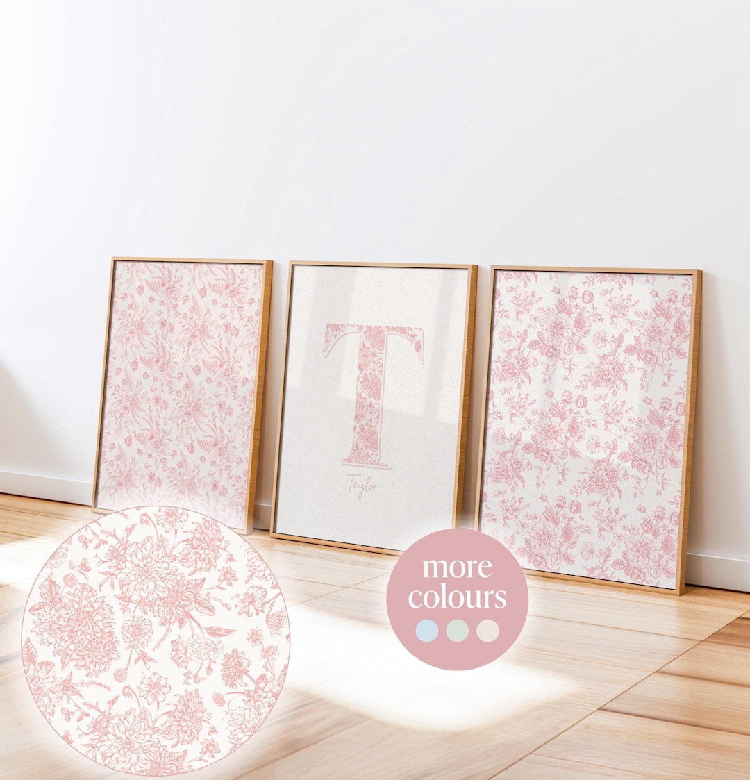 Pink Floral Nursery Print Custom Name Flower Set of 3 Personalised ...