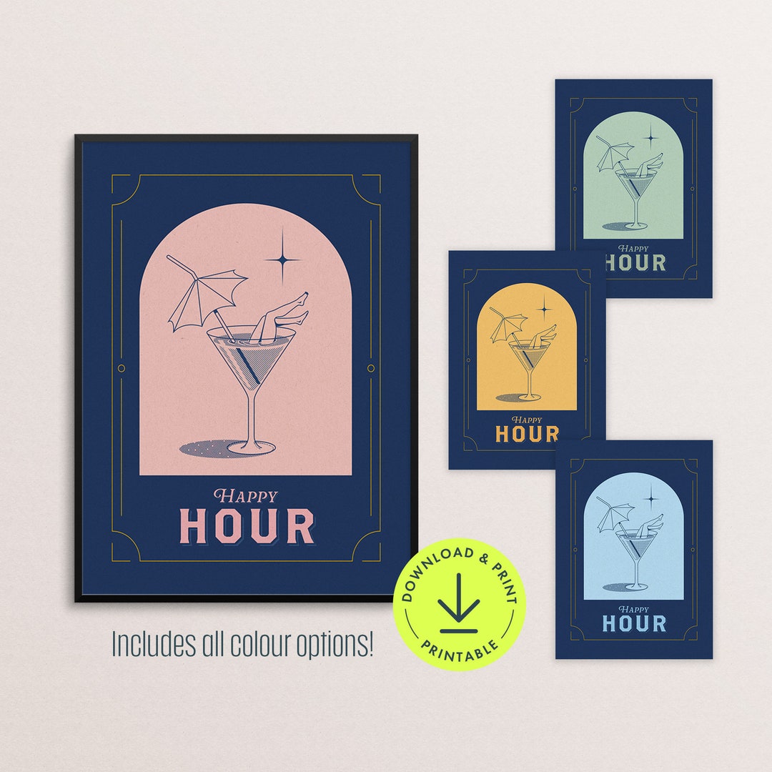 Happy Hour Druck Preppy Barwagen Wandkunst Retro Barwagen Dekor ...