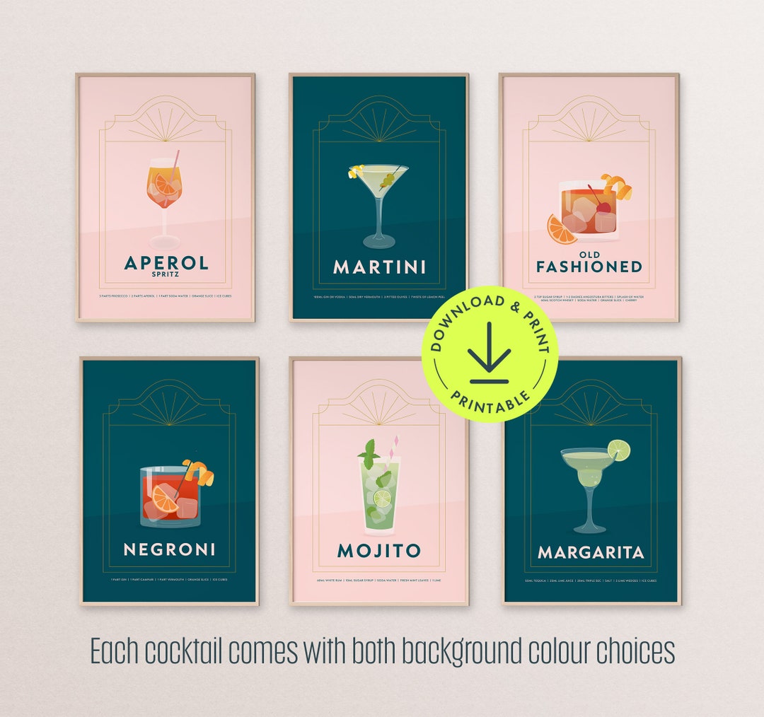 Vintage Cocktail Print 6er Set pink und petrol Cocktail Galerie Wand ...