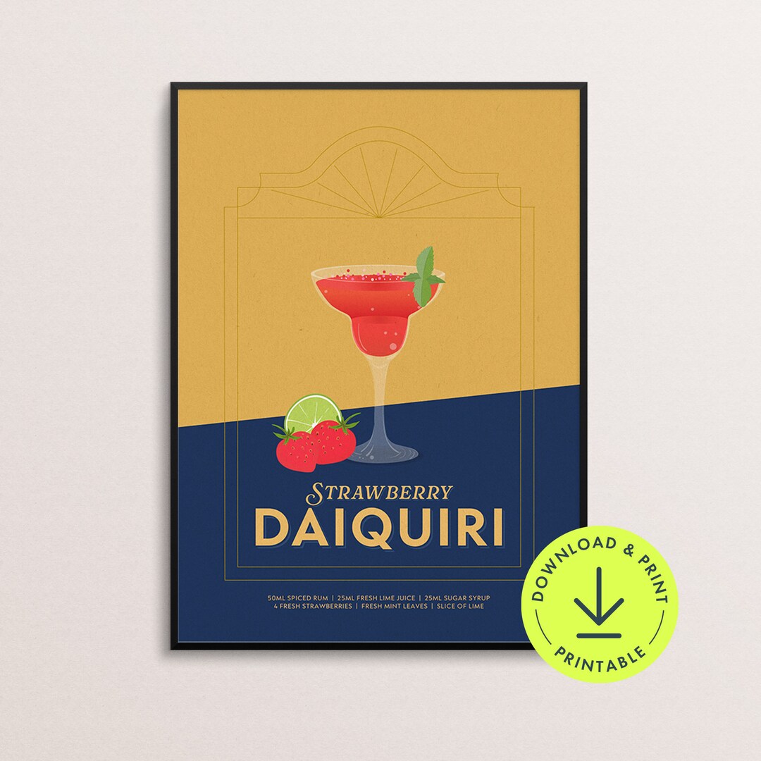 Strawberry Daiquiri Print Cocktail Wall Art Retro Kitchen Art Printable ...