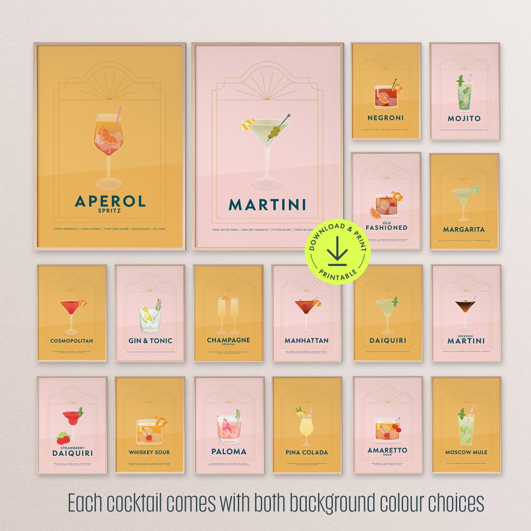 Preppy Cocktail Print Set Pink and Orange Cocktail Gallery Wall Set ...