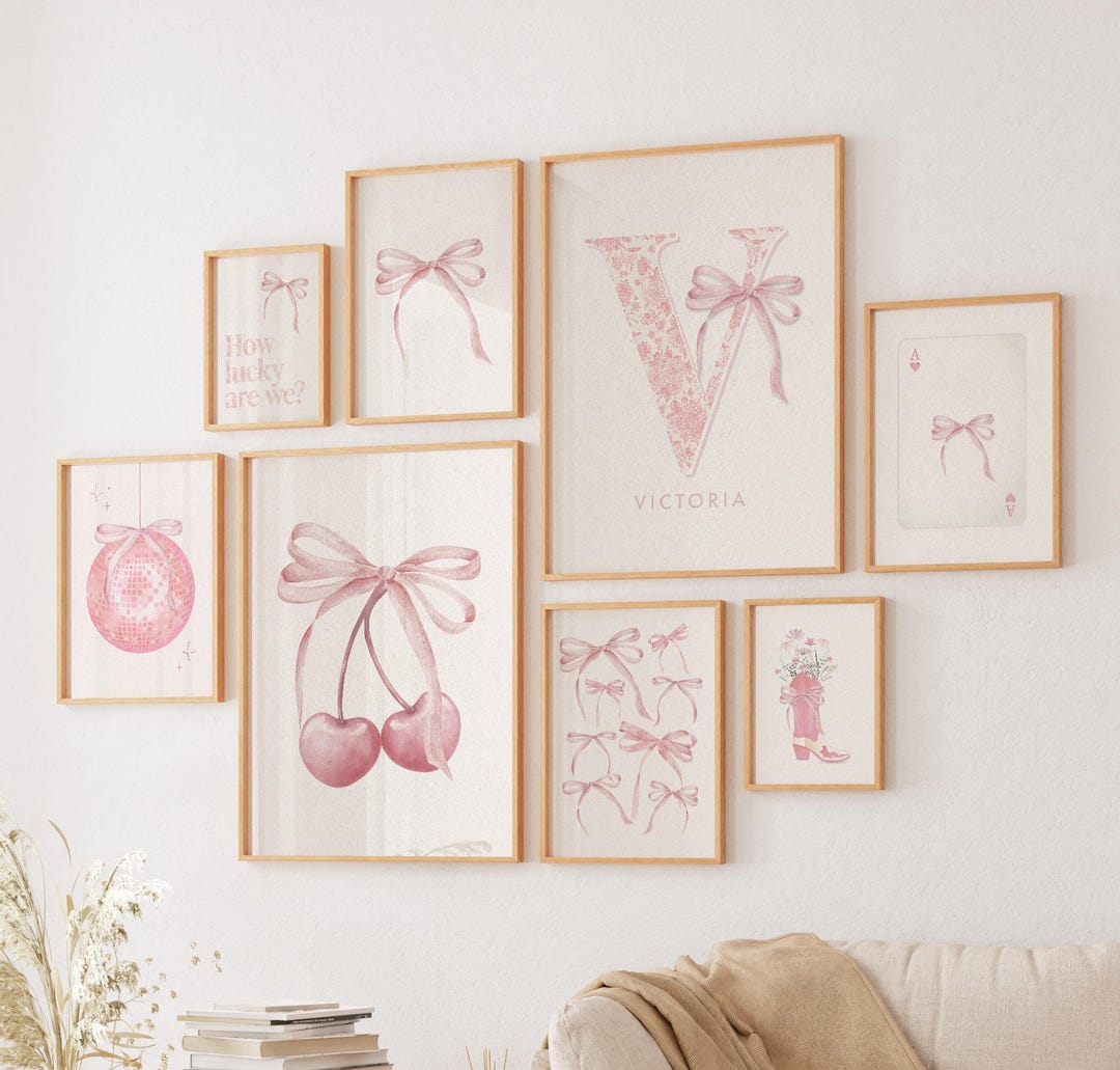 Pink Bow Poster Set of 9 Custom Name Initial Print Bundle Printable ...
