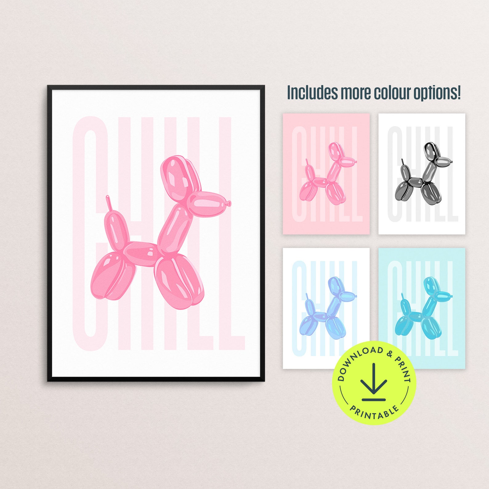 Colorful Balloon Dog Print Pink Preppy Wall Art 70s Retro Dog Balloon ...