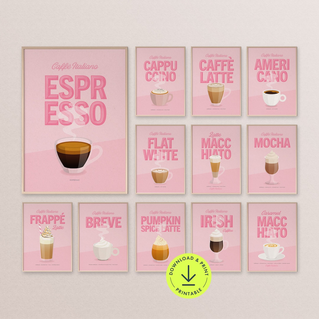 Pink Coffee Types Print Set: Kitchen Cafe Art (digital Download) - Etsy