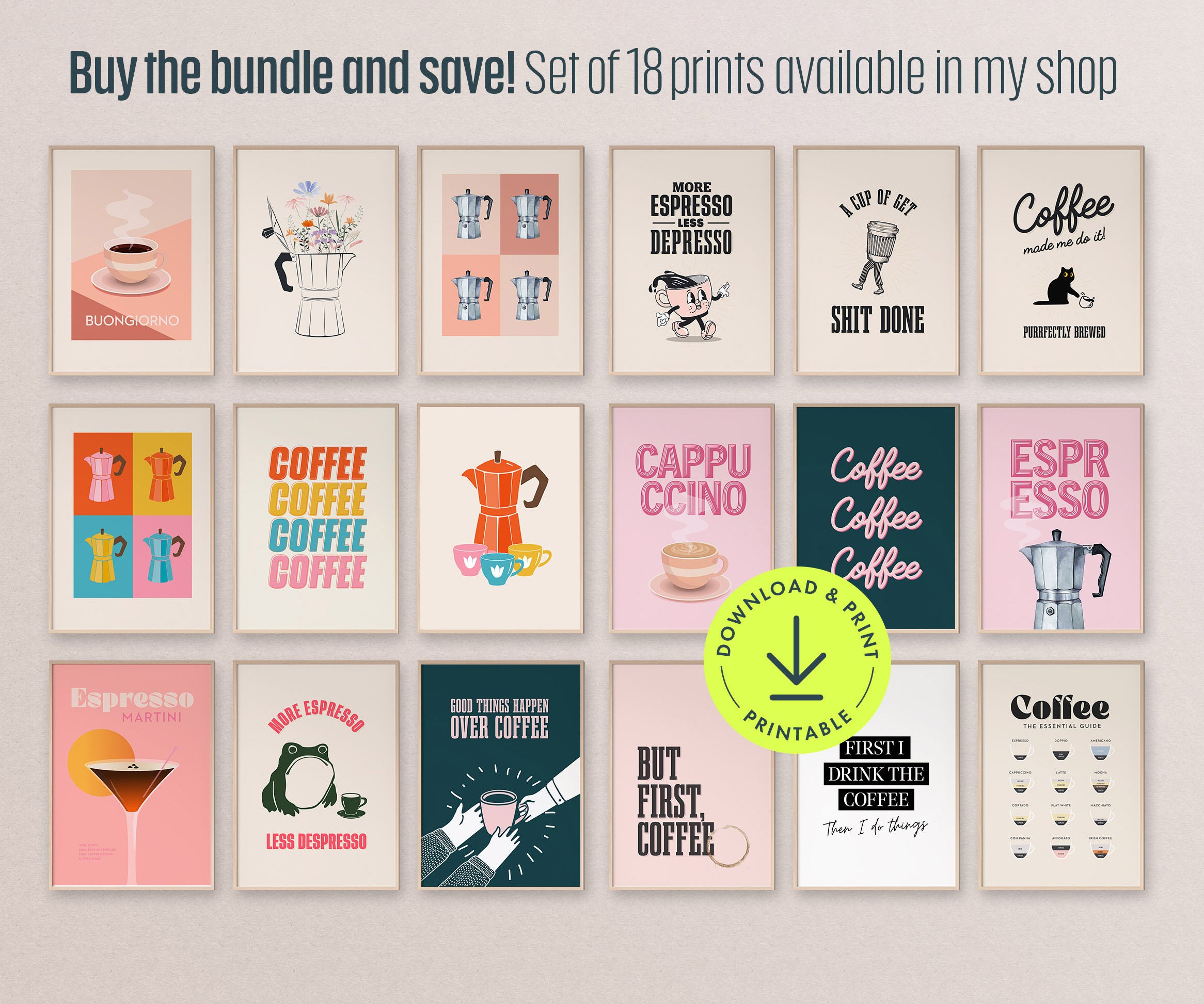 Retro Pink Coffee Print Printable Coffee Bar Gallery Set of 3 - Etsy