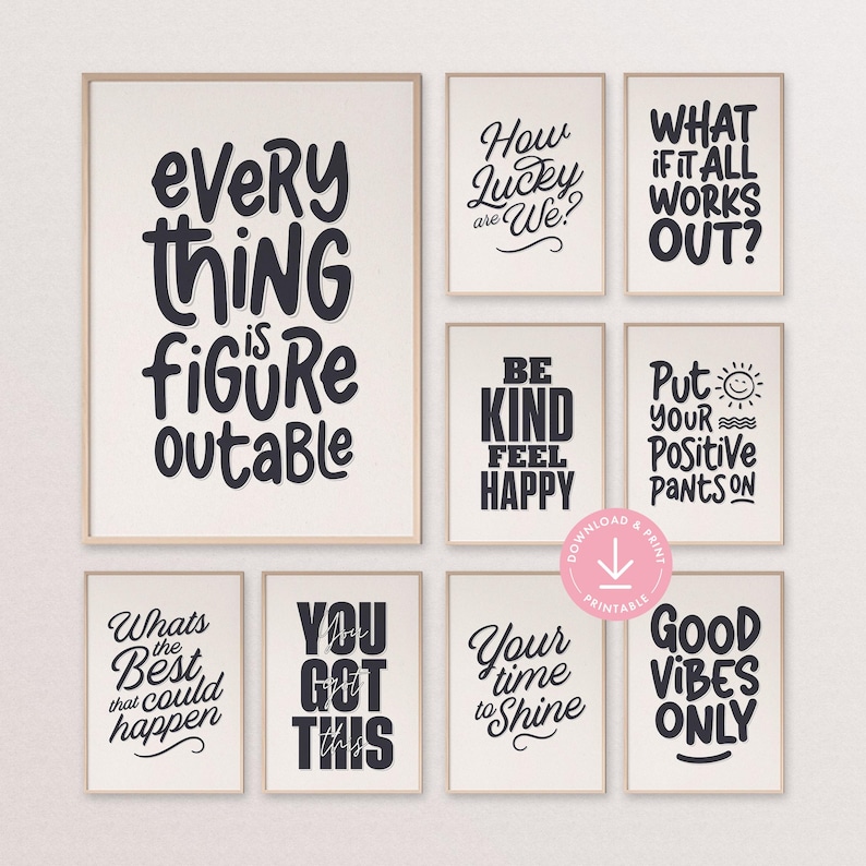 Positive Quote Print Set: Retro Typography, Inspirational Wall Art ...