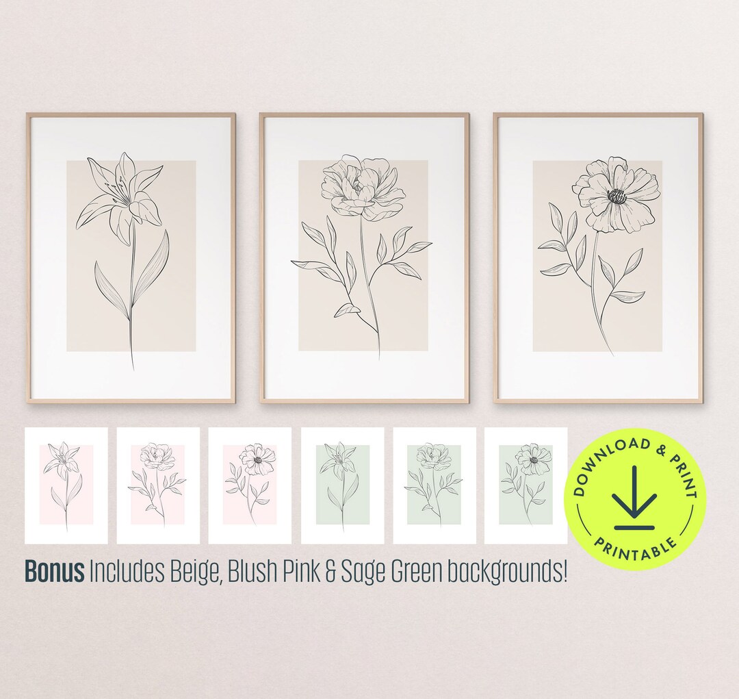 Neutral Flower Print Botanical Line Art Flower Wall Art Printable ...