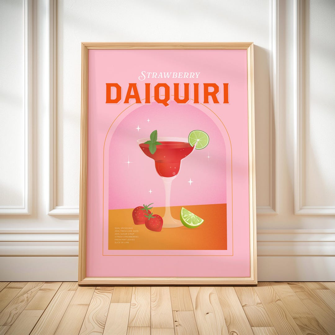 Strawberry Daiquiri Print Printable Cocktail Recipe Art Girly Bar Gift ...