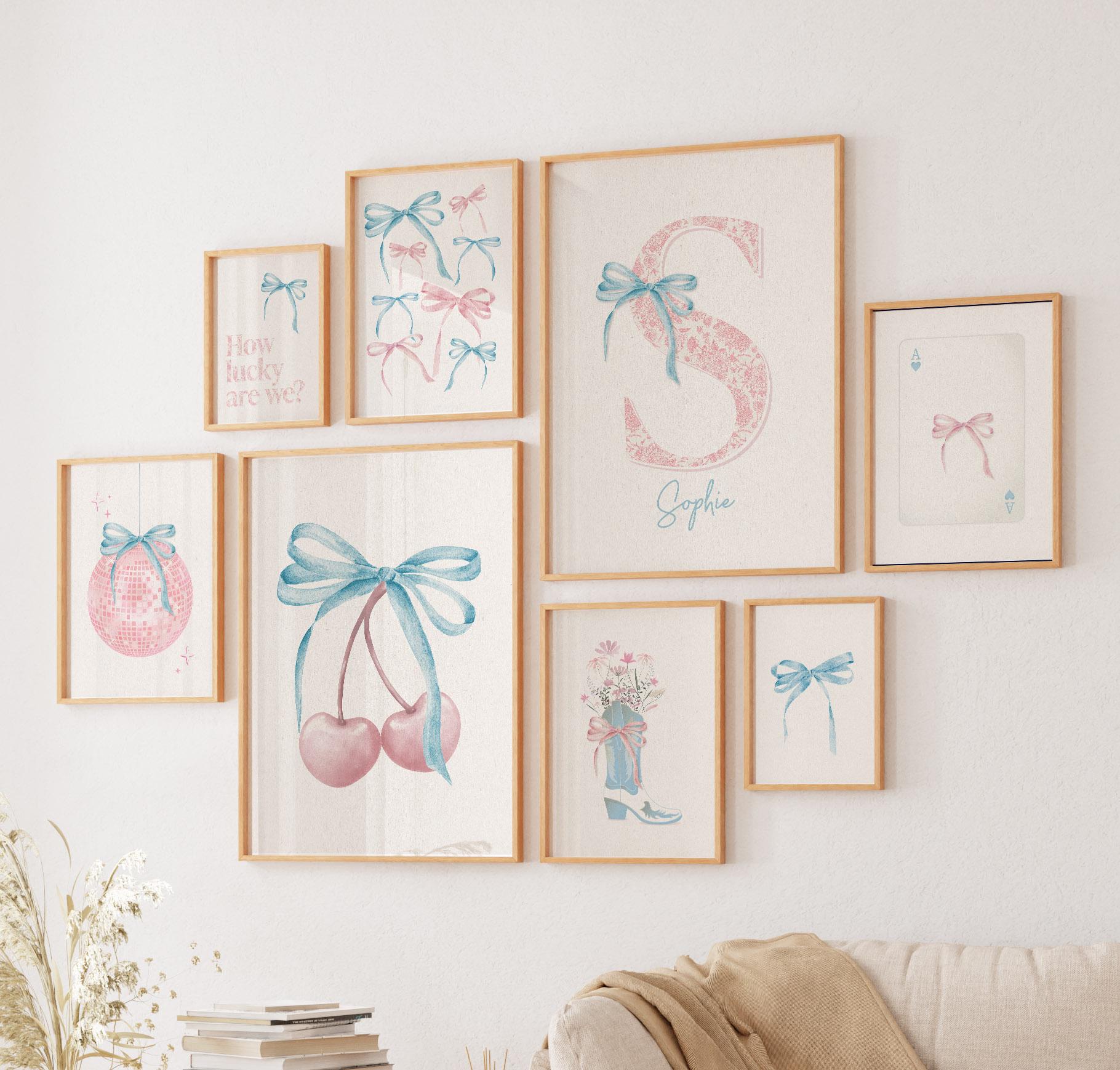 Personalized Coquette Dorm Decor: Pink & Blue Bow Print Set (digital ...