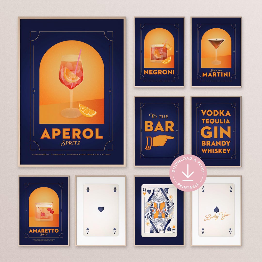 Home Bar Print Set of 9 Retro Bar Cart Vintage Drinks Gift Idea for Bar ...