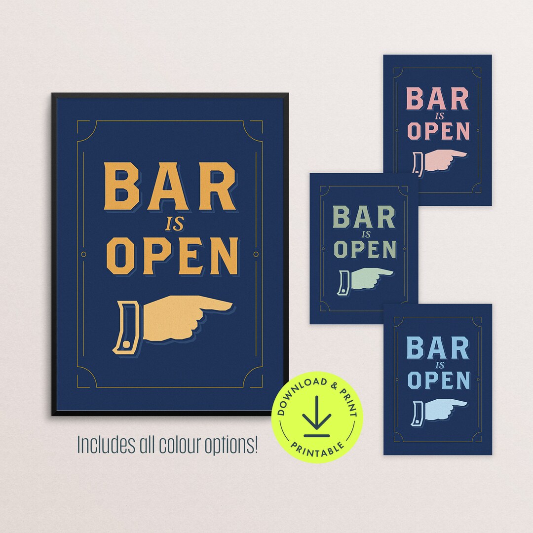 Trendy Retro Bar Sign Printable Bar is Open Wall Art Pub Print Home Bar ...