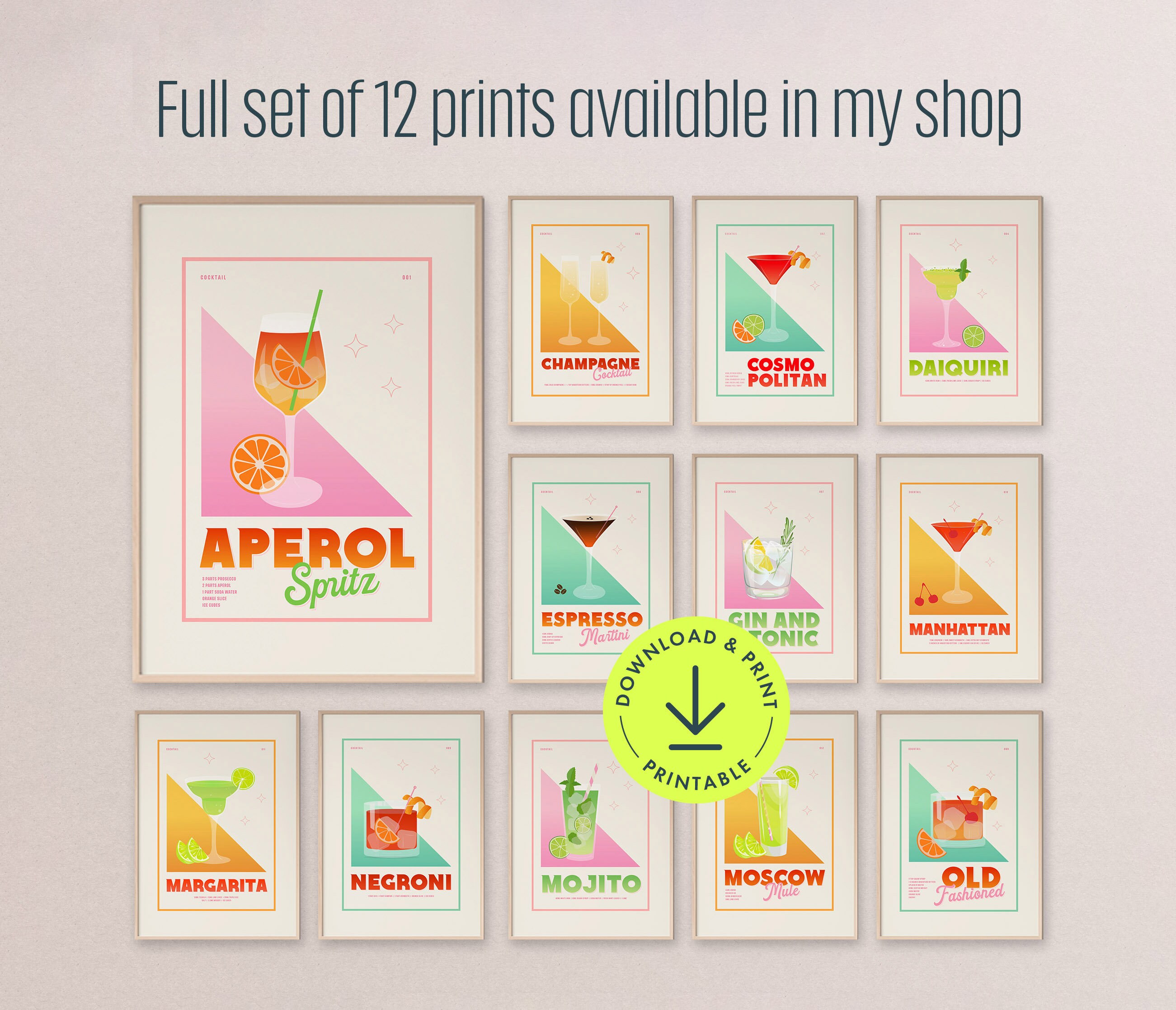 Retro Cocktail Drink Posters Printable Bar Cart Gallery Wall Set of 6 ...