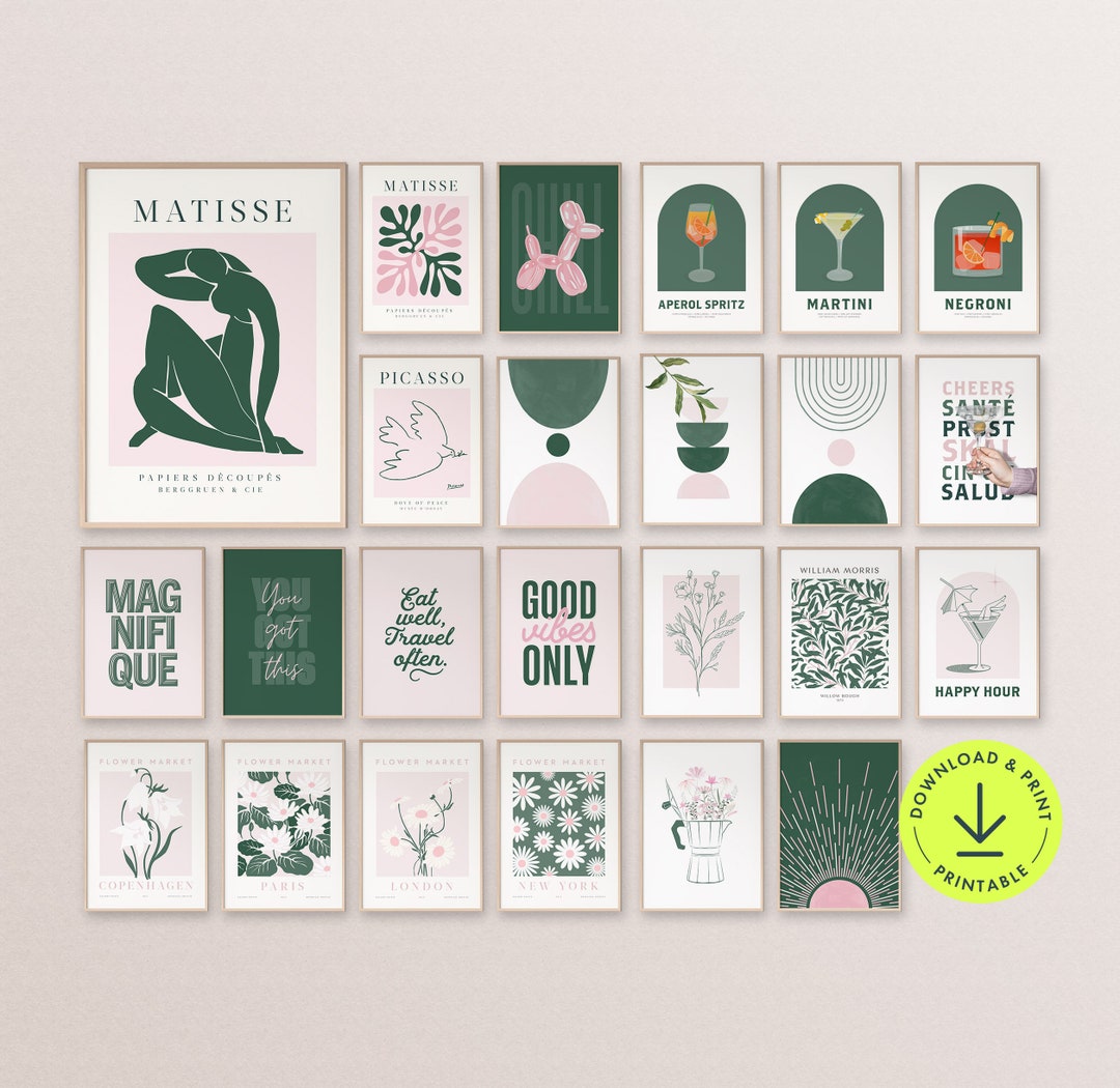Blush Pink Dark Green Print Bundle Boho Floral Art Printable Flower ...