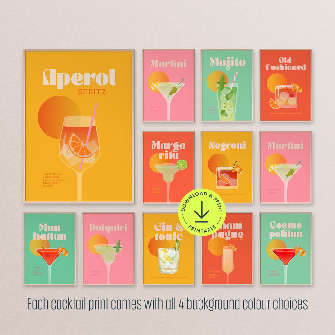 Colourful Cocktail Print Set of 12 Preppy Aesthetic Posters Bar Prints ...