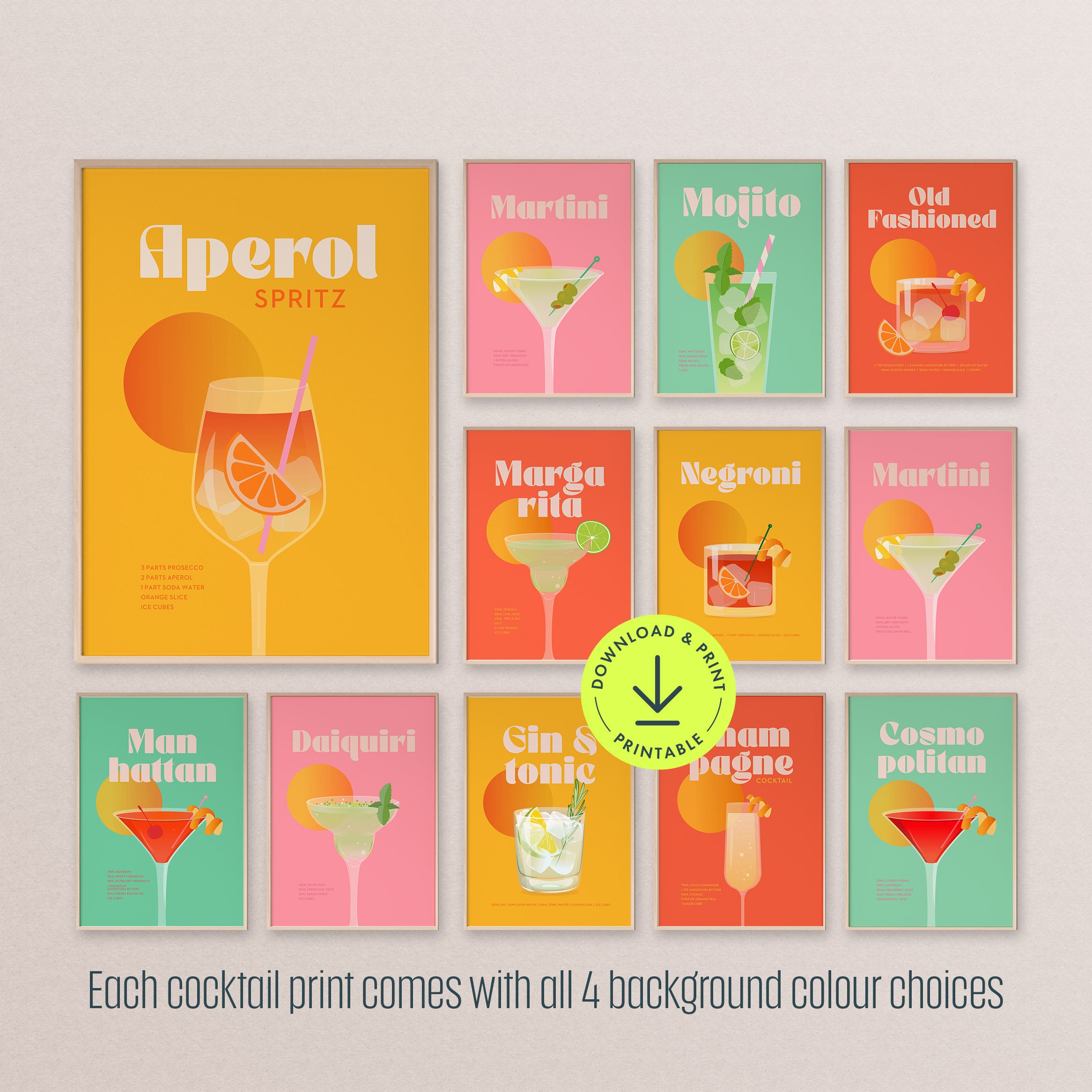Colourful Cocktail Print Set of 12 Cocktail Posters Cocktail - Etsy