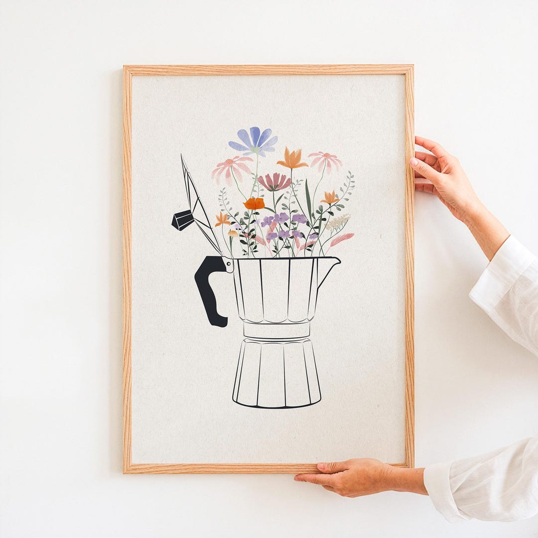 Floral Coffee Pot Print: Trendy Kitchen Coffee Bar Decor (digital ...