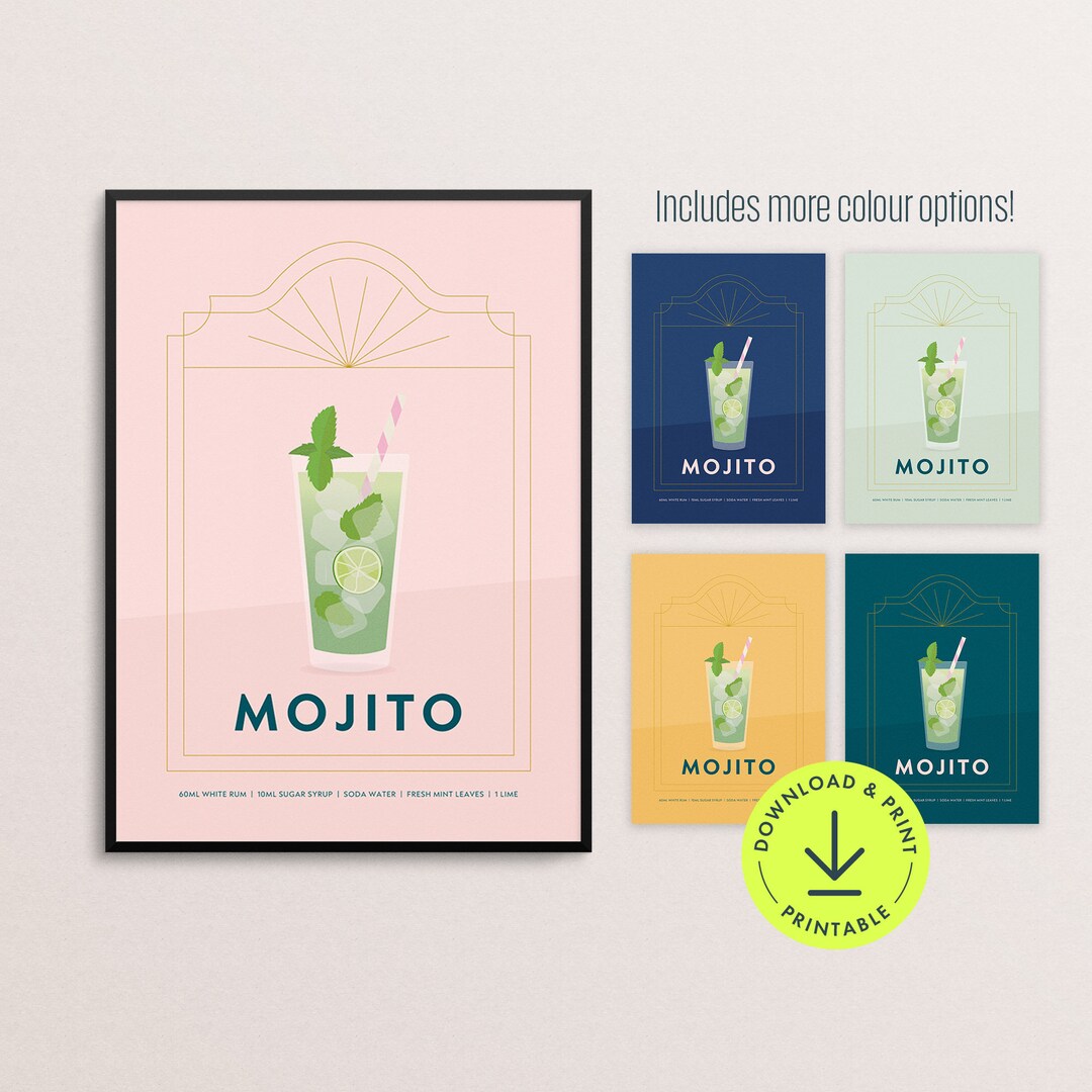 Mojito Cocktail Wall Art Print Downloadable Retro Cocktail Print ...