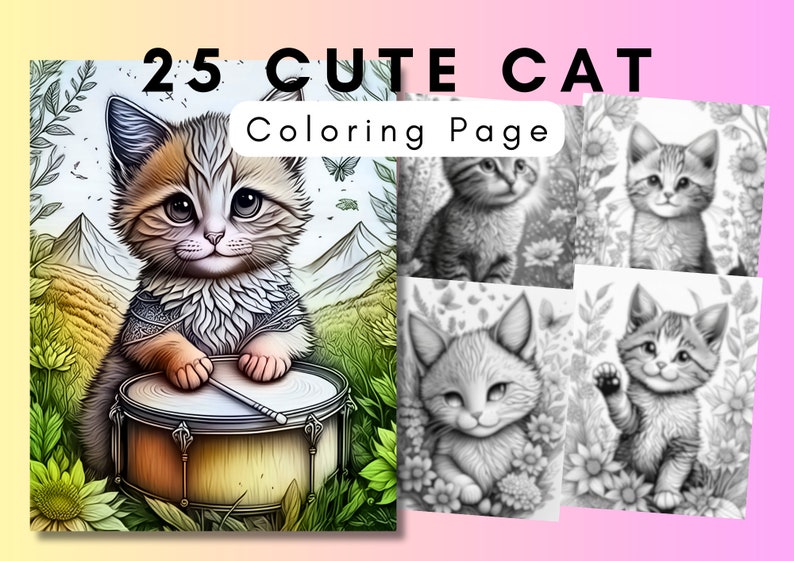 25 Cute Cat Coloring Pages Adult and Kids Coloring Book, Animal ...