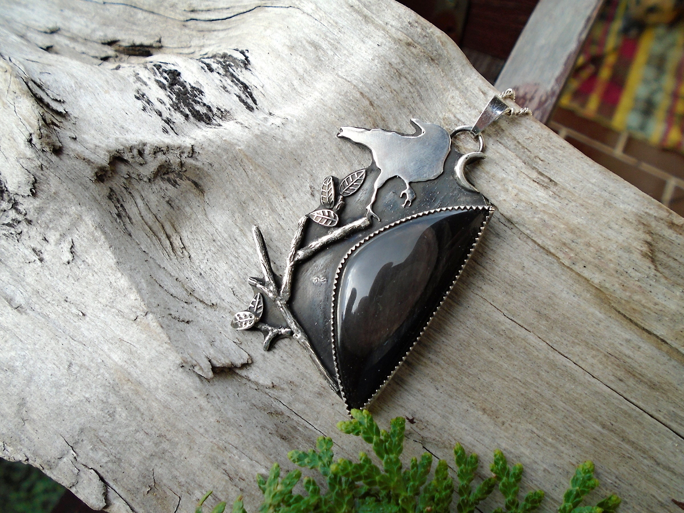 Obsidian Sterling Silver Pendant With Raven - Etsy