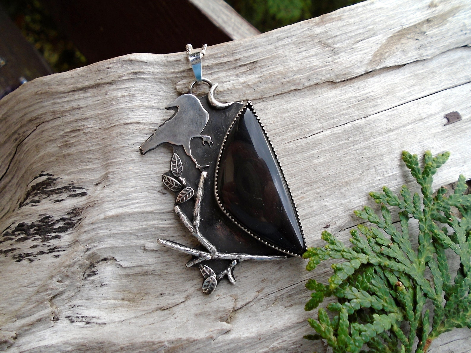 Obsidian Sterling Silver Pendant With Raven - Etsy