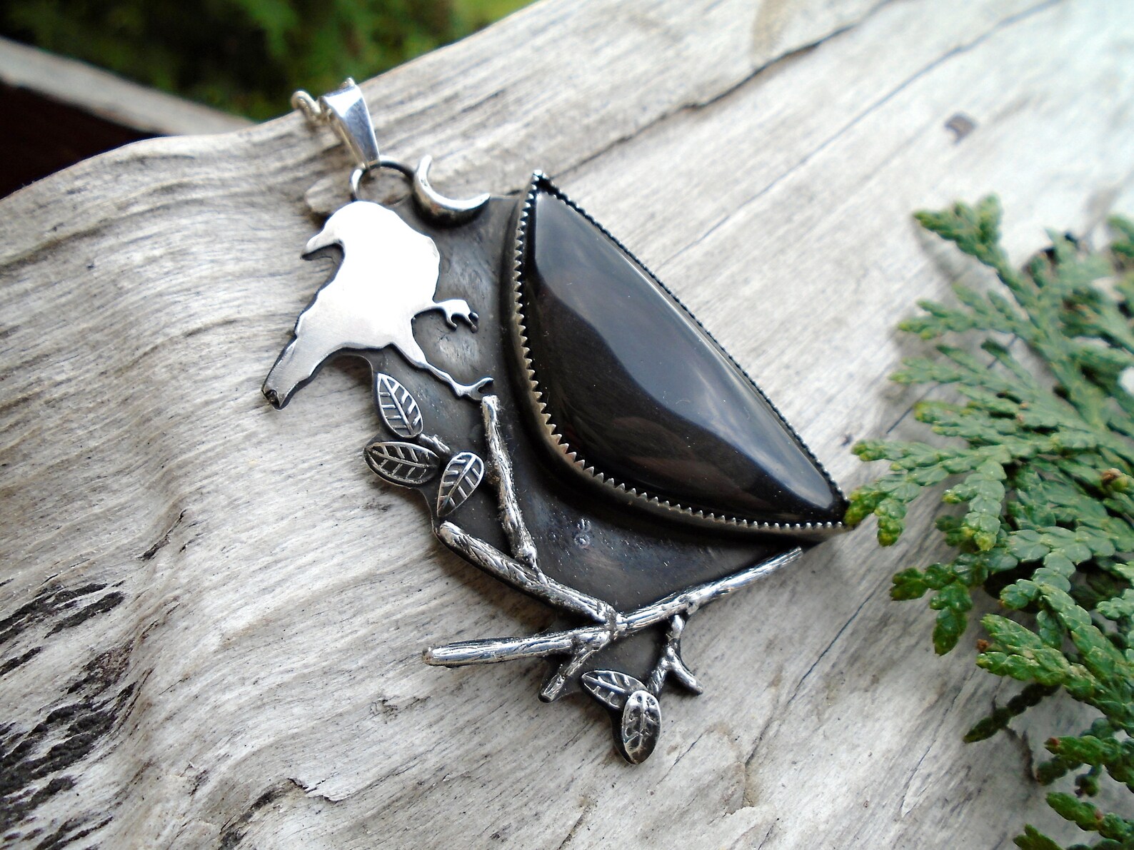 Obsidian Sterling Silver Pendant With Raven - Etsy