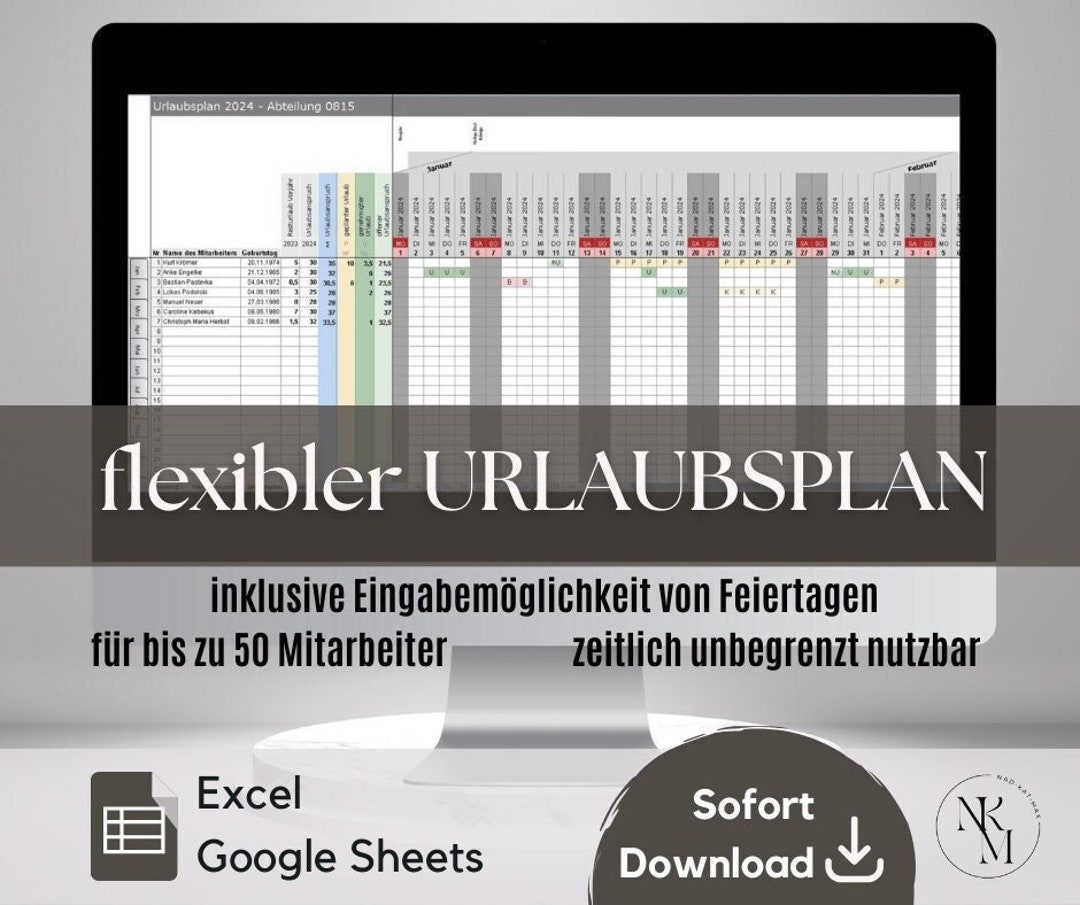 Flexible Vacation Planner Excel Template up to 50 Employees Manual ...