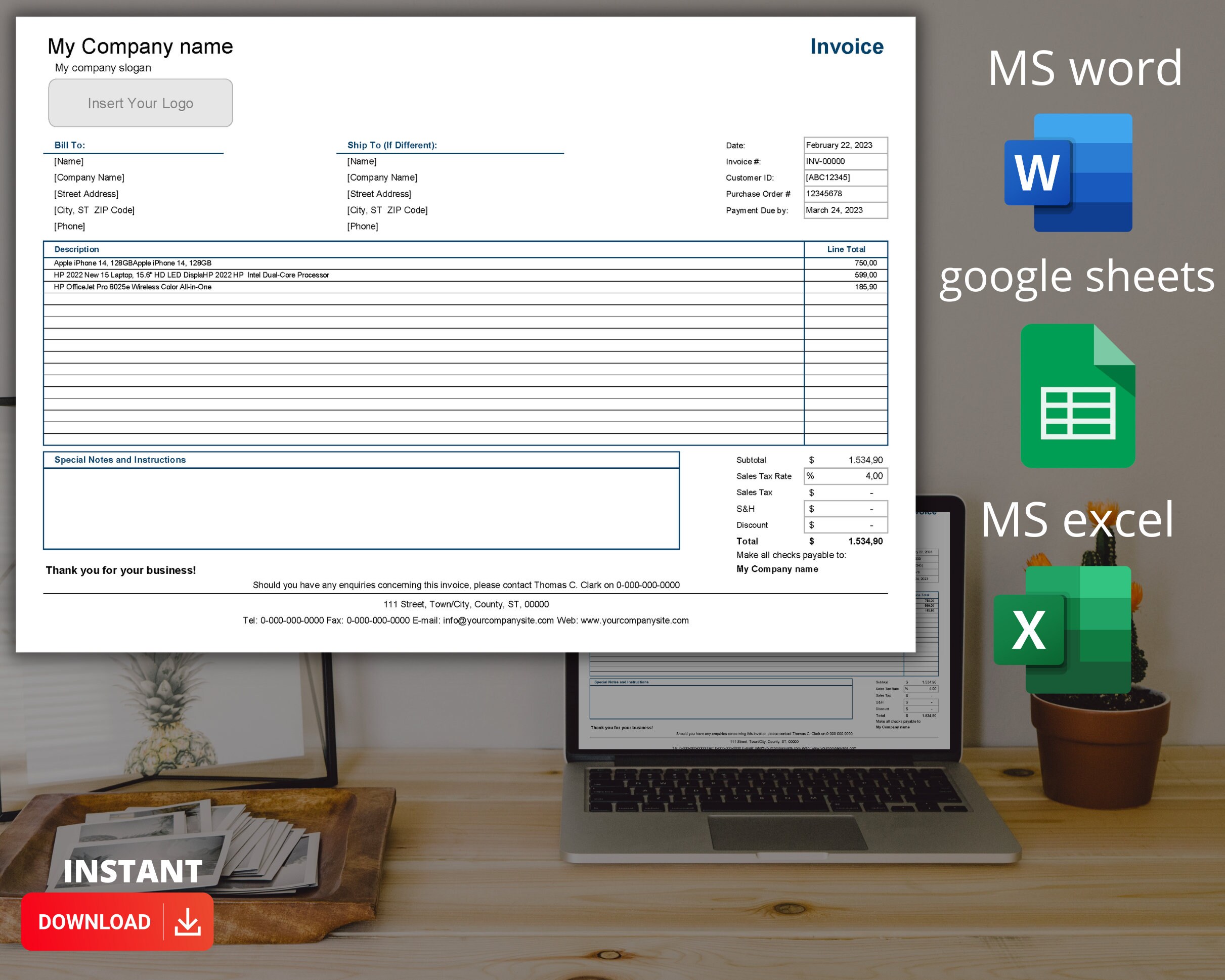 Landscape Invoice Template, Receipt Template, Invoice Form, Editable ...