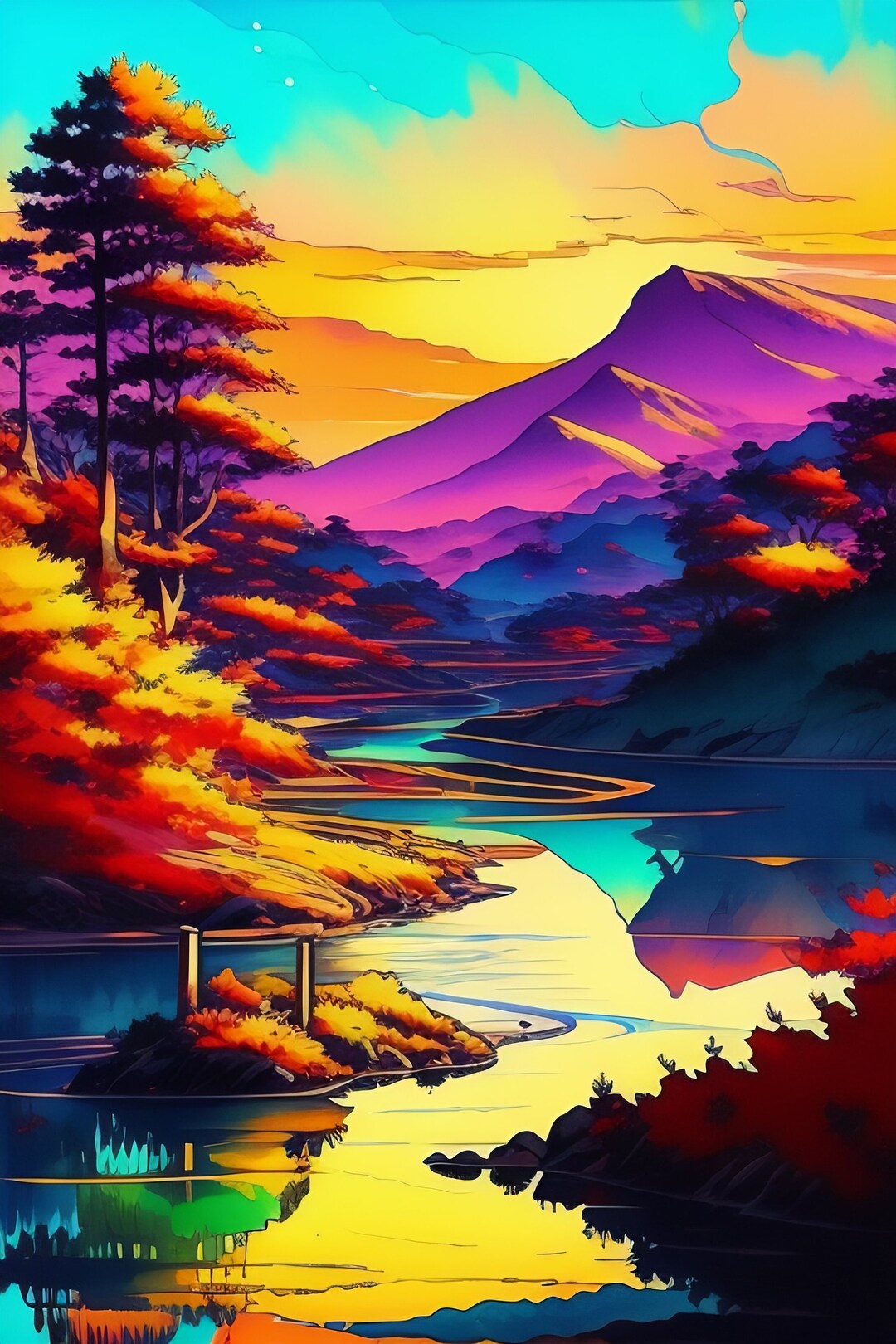 A Beautiful Colorful Scenery With Mountains and River Digital - Etsy