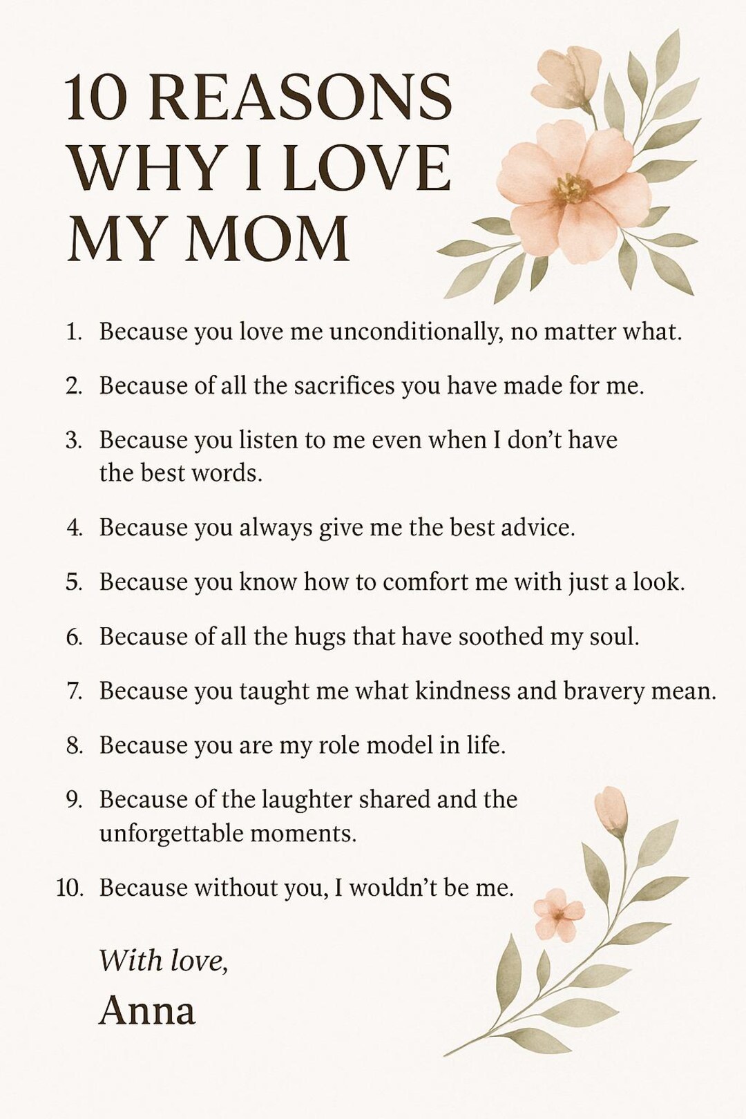 10 Reasons Why I Love My Mom – Printable Wall Art (digital Download) - Etsy
