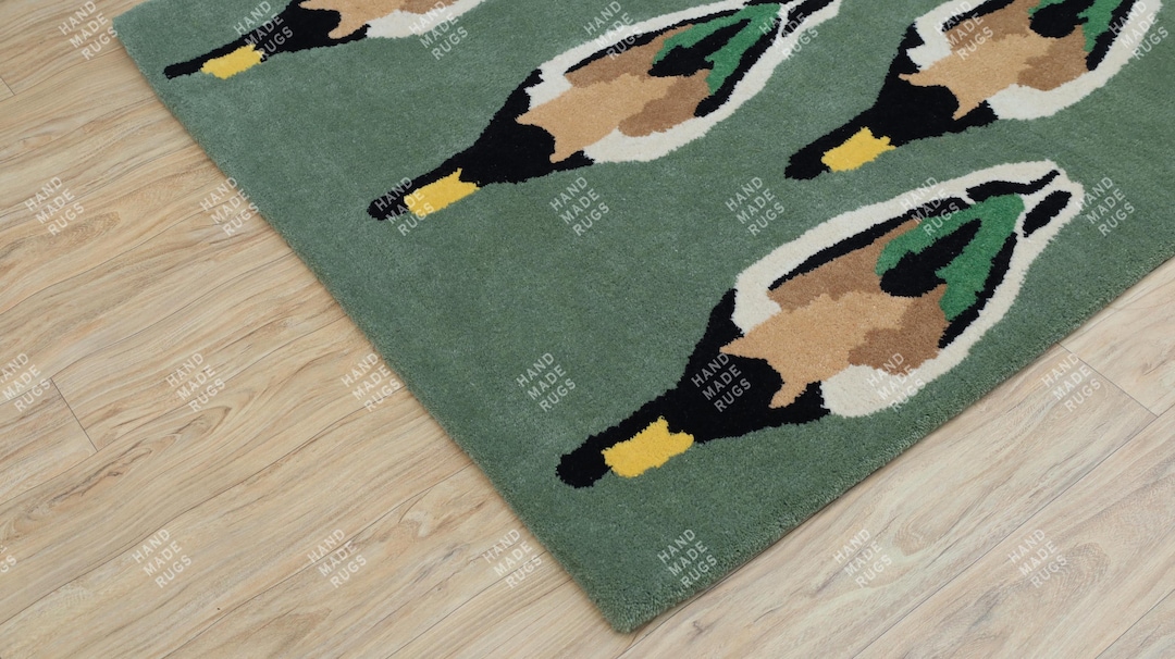 Duck Pattern Hand Tufted 100 % Wool Rug , Green Farmhouse Area Rug ...
