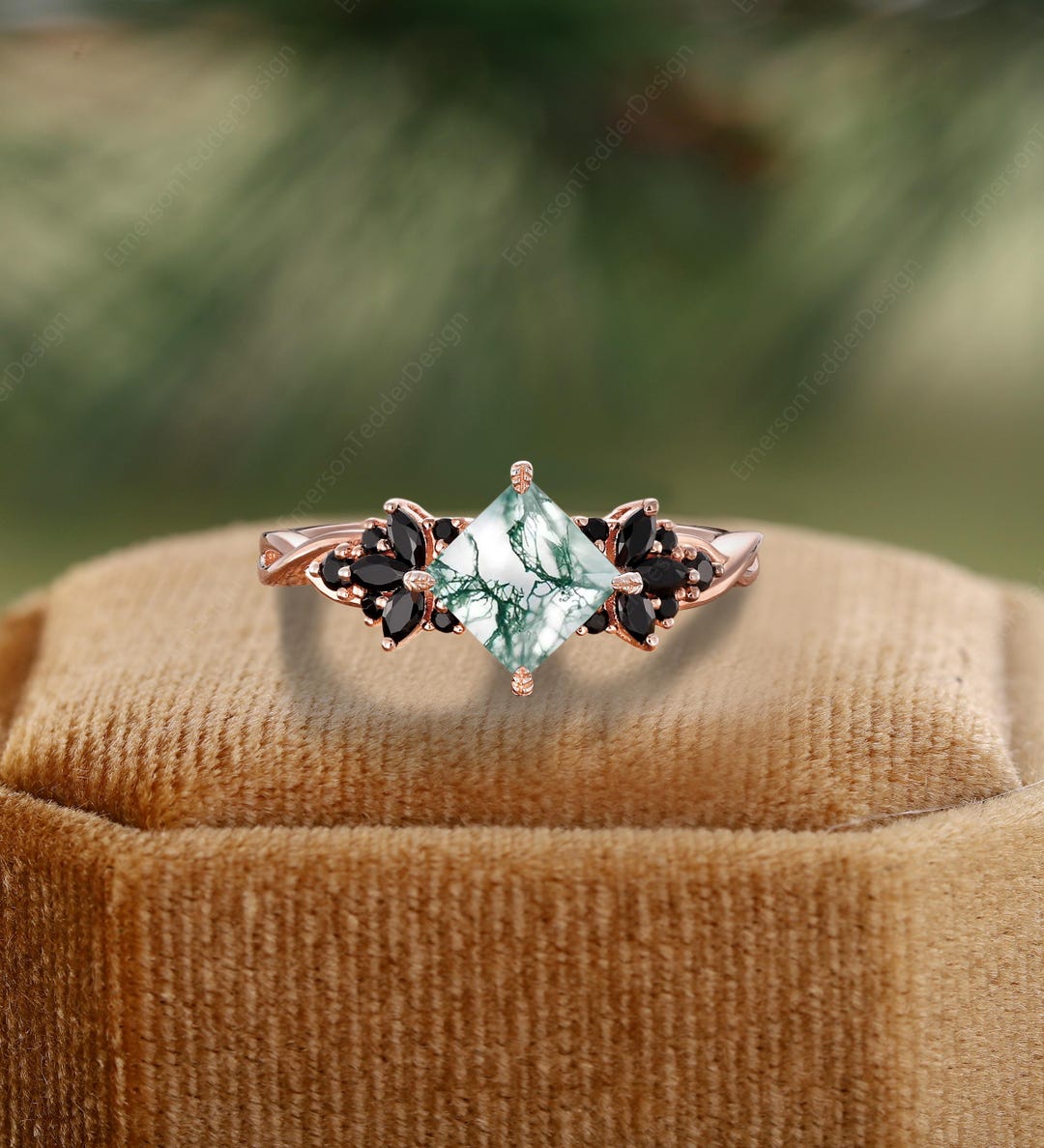 Vintage Princess Cut Moss Agate Engagement Ring Rose Gold Cluster Black ...