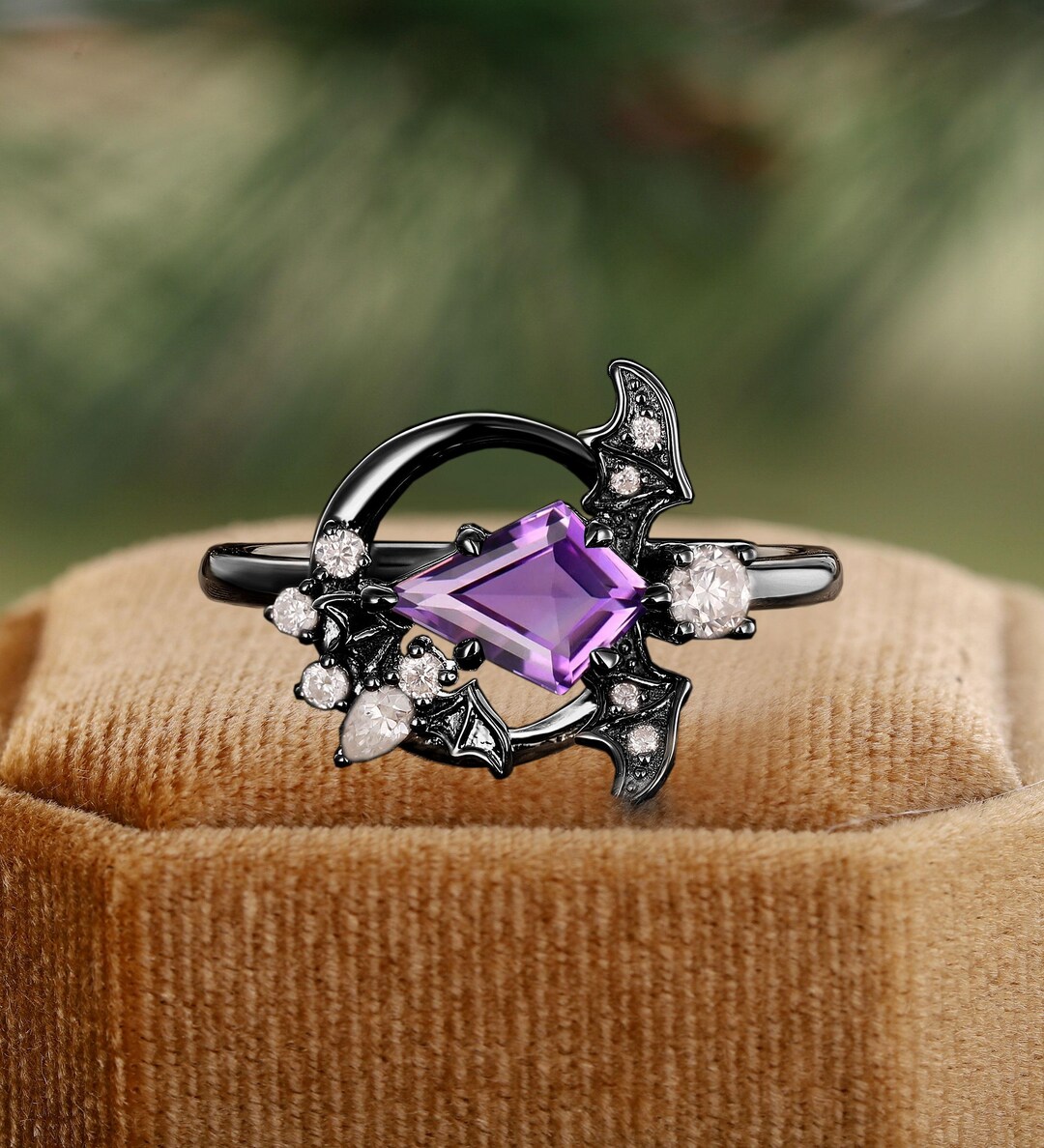 Gothic Kite Cut Amethyst Engagement Ring Black Gold Vampire Bat Wedding ...