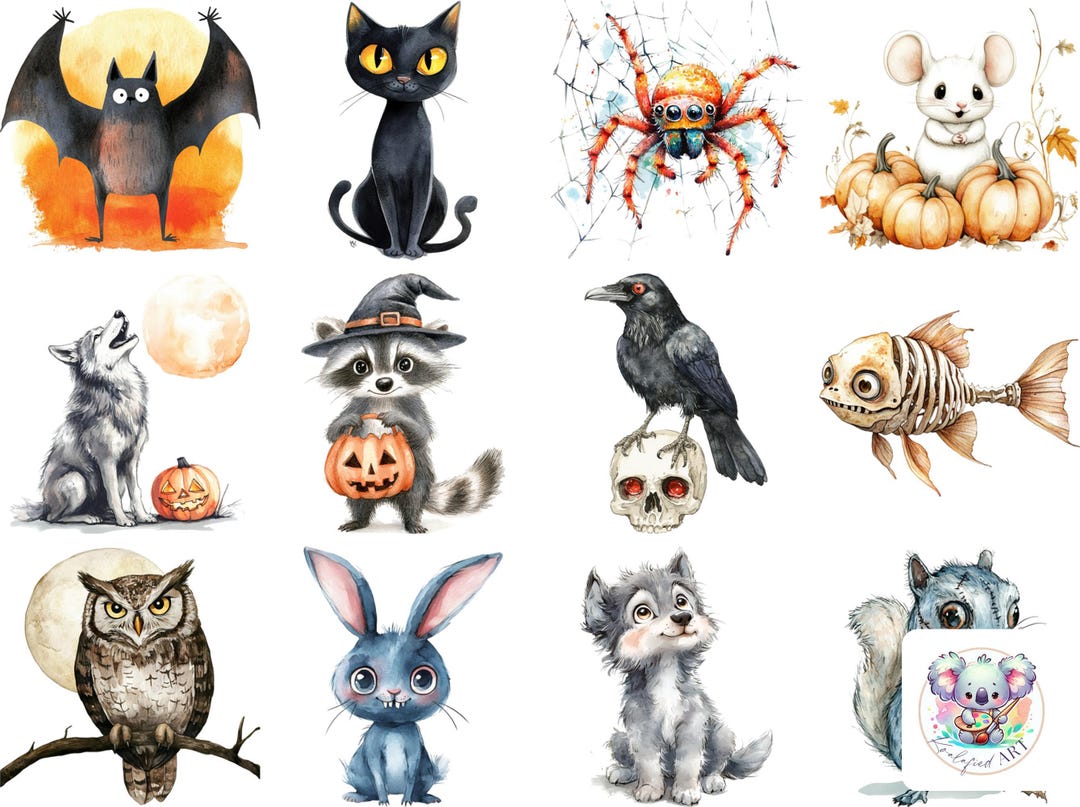 Halloween Animals Clipart: 48 Spooky PNG Illustrations (digital ...