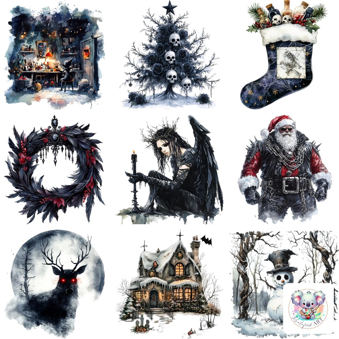 Goth Christmas Clipart Bundle - 36 Dark Holiday PNG Images, Gothic Xmas ...