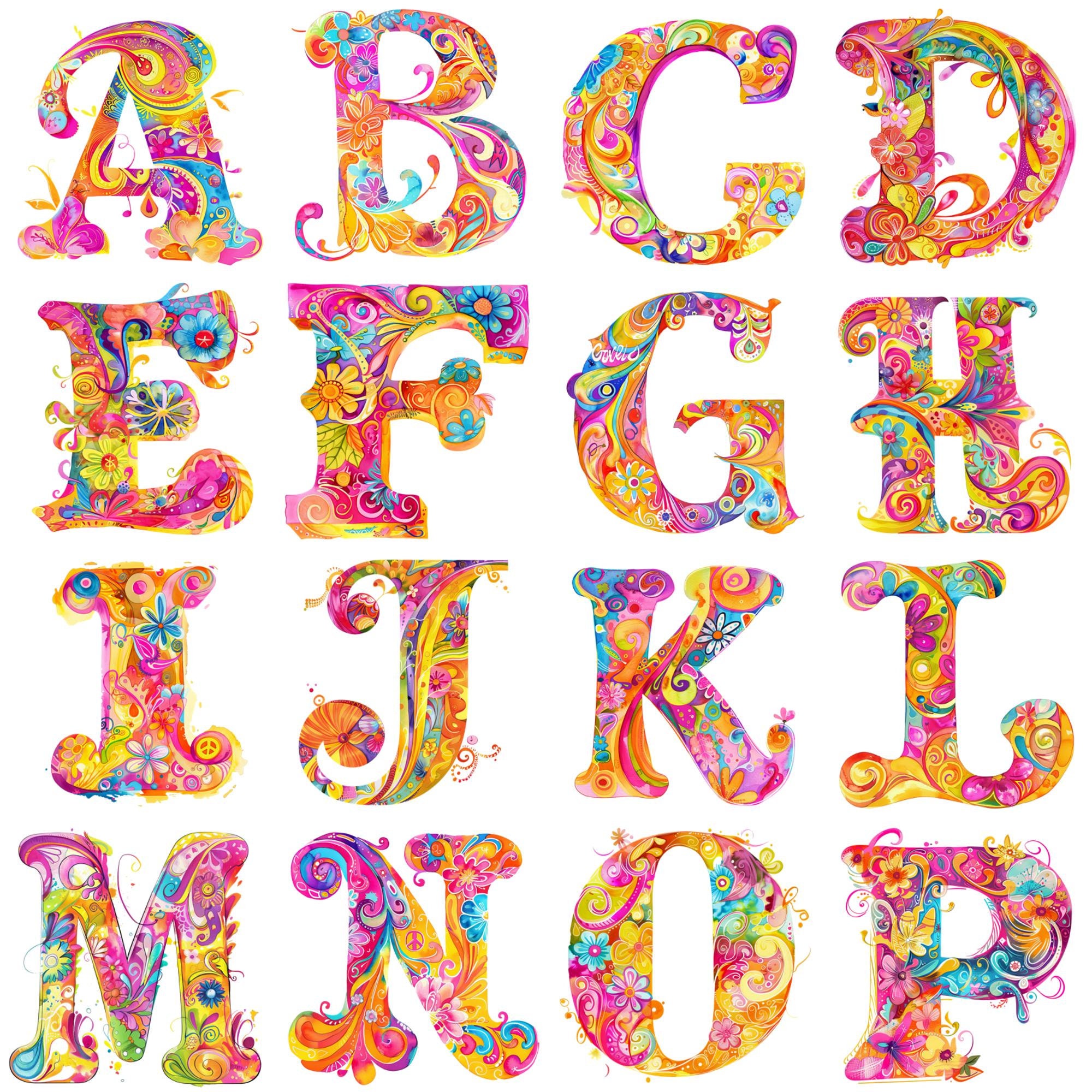 Watercolor Groovy Retro Alphabet Clipart: Psychedelic PNG Letters ...
