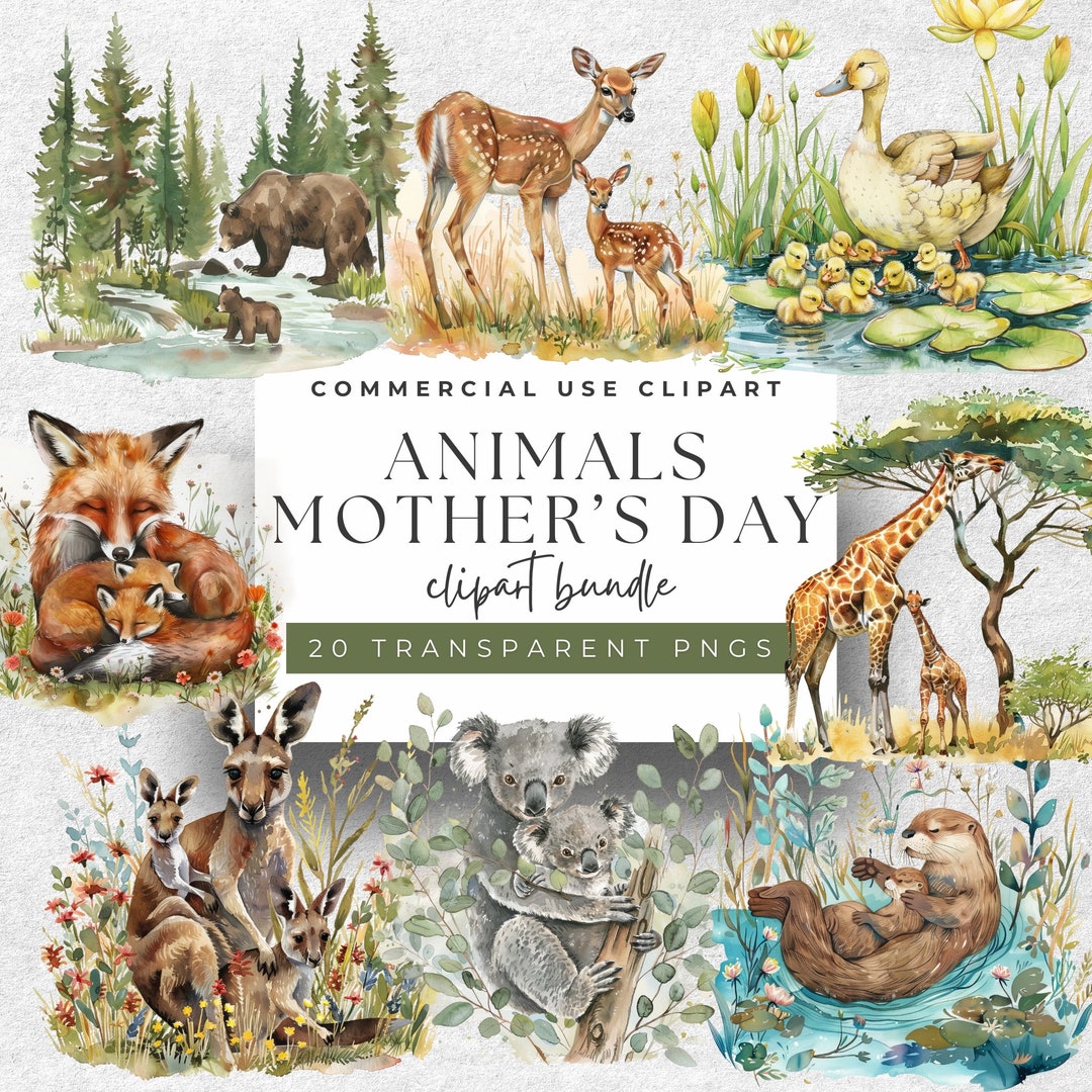 Watercolor Animals Mother's Day Clipart: 20 Pngs for Family Crafts (300 ...
