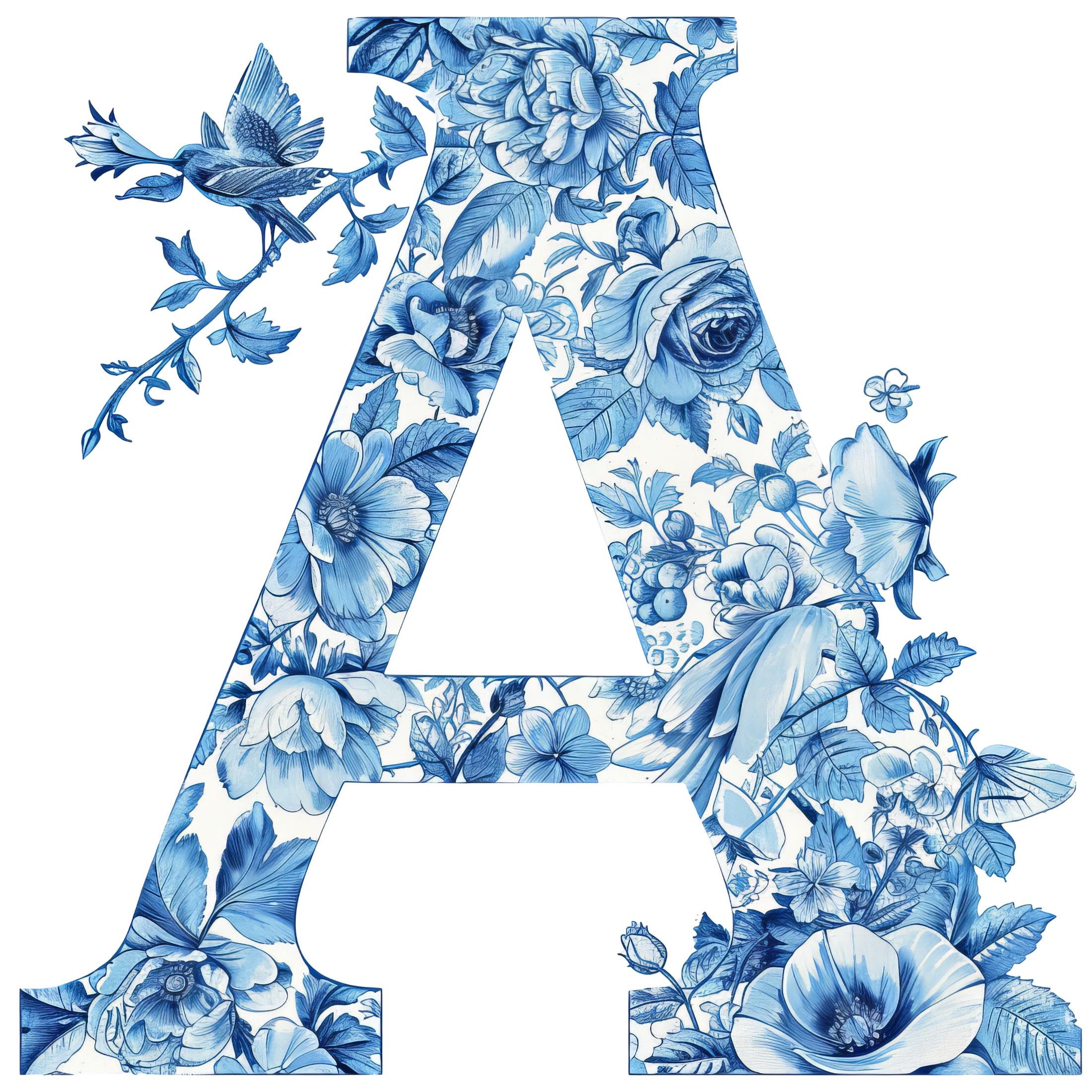 Premium Watercolor Blue Toile Flowers Letter Alphabet Cliparts Pngs 26 ...