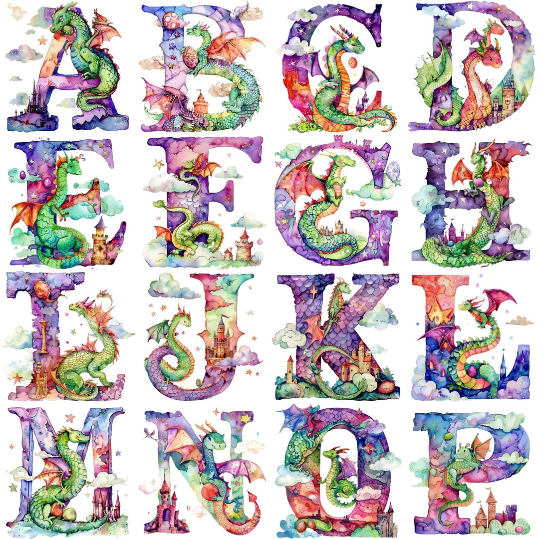 Watercolor Dragons Letter Alphabet Clipart PNG: 26 Detailed 300 DPI ...